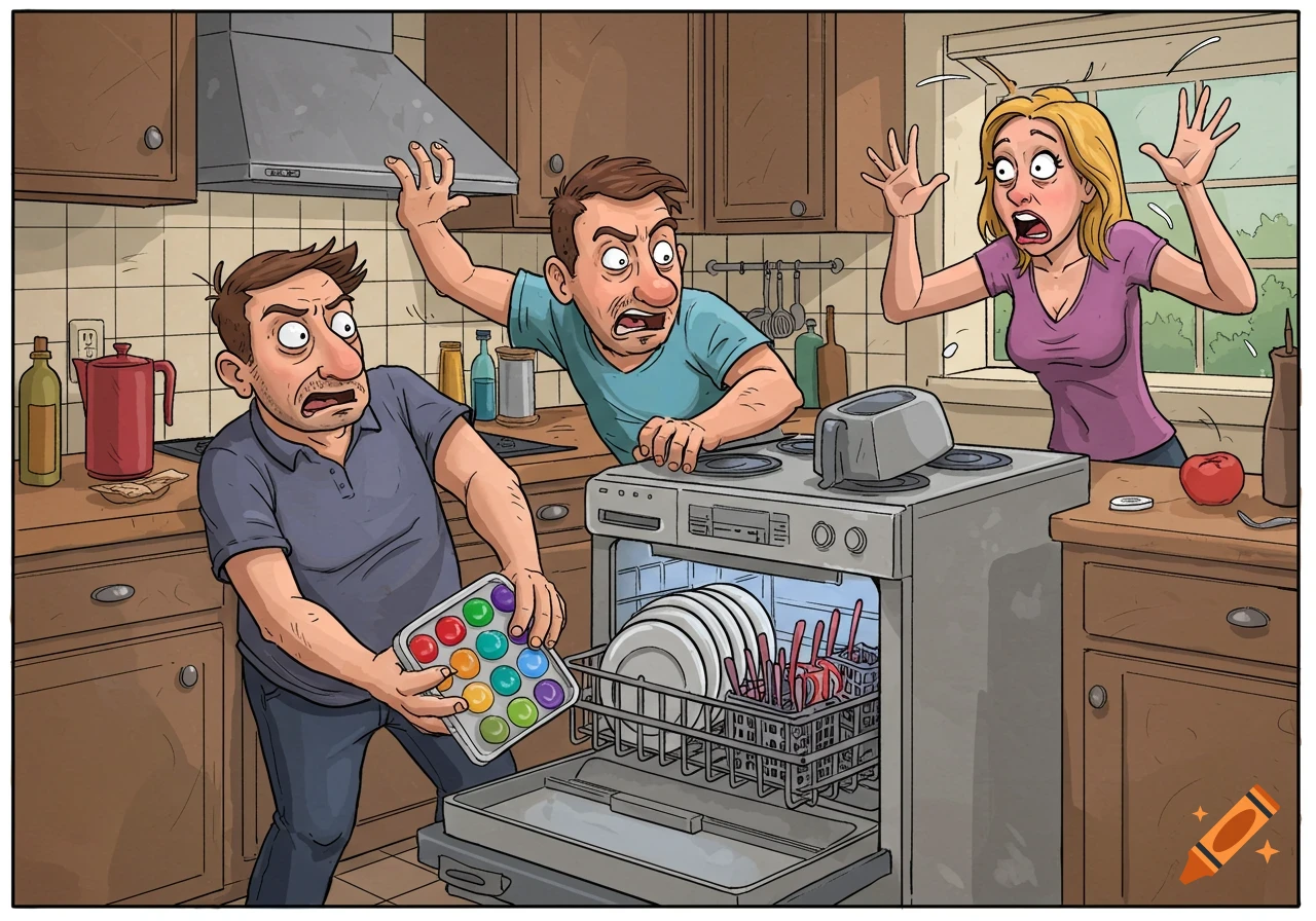 Cartoon illustration of a chaotic kitchen with two men clumsily loading ...