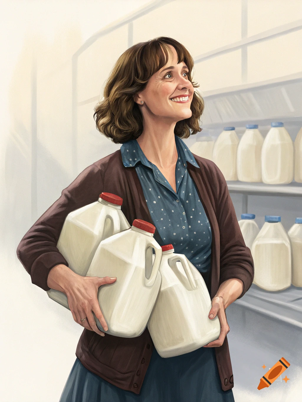 A smiling woman with brown hair holds three large white milk gallons in ...