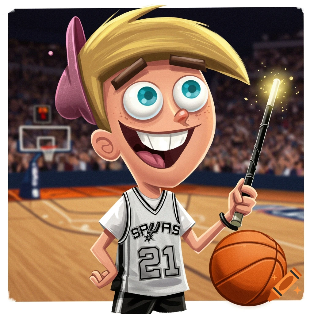 Cartoon boy, Timmy Turner, in a Spurs jersey holding a magic wand and a ...