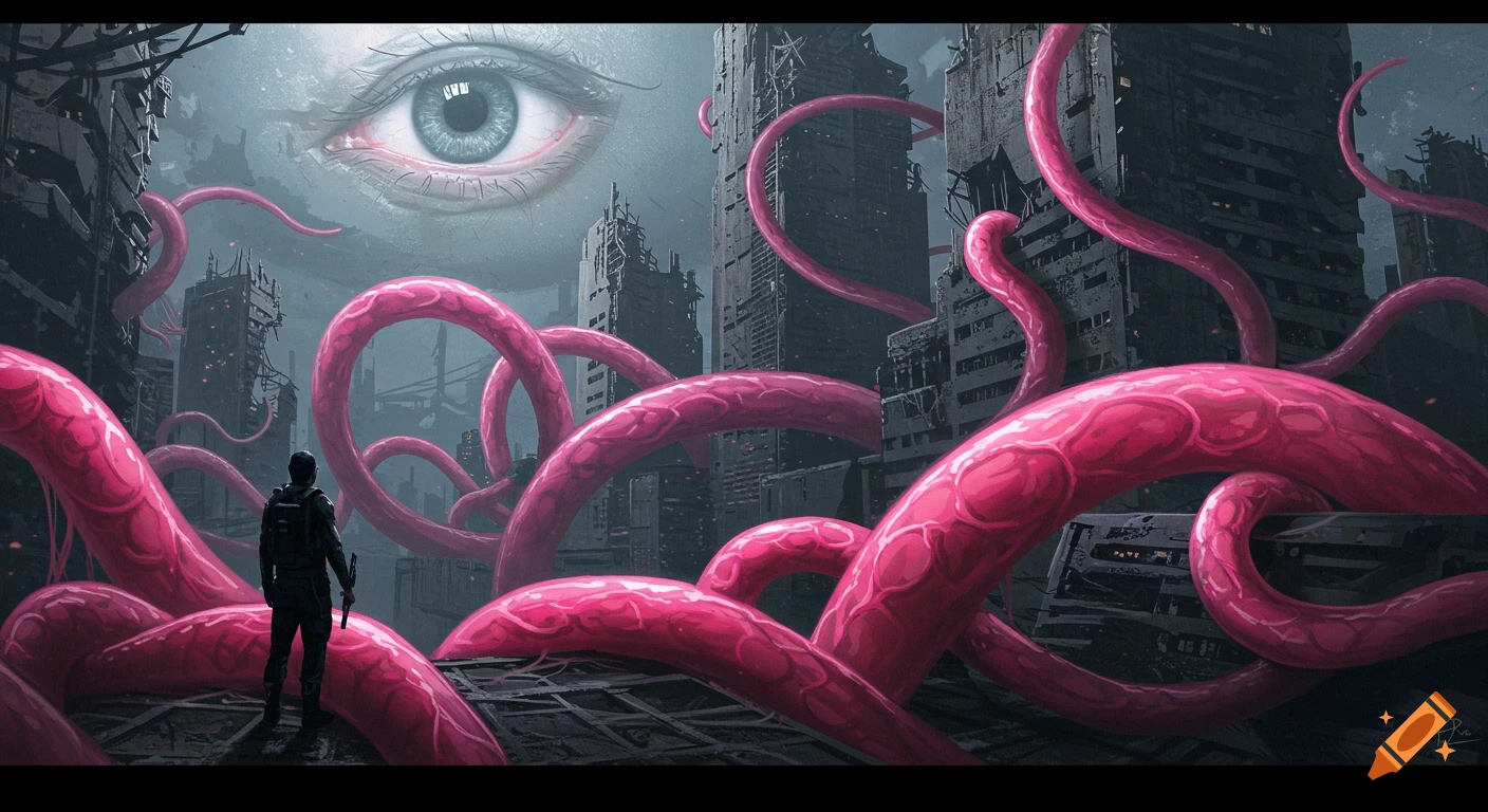 A lone figure stands in a ruined city filled with giant pink tentacles ...