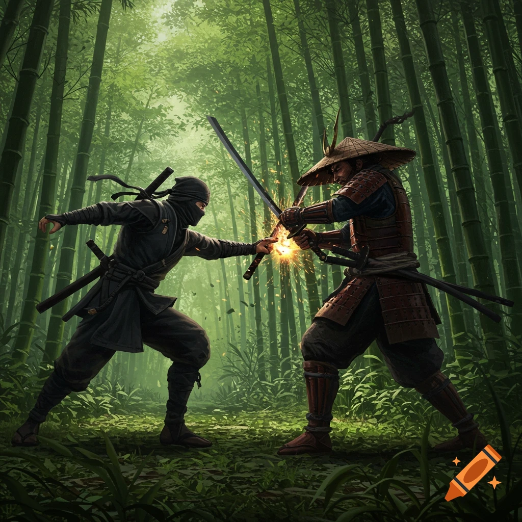 A detailed illustration of a ninja and a samurai fighting with swords ...