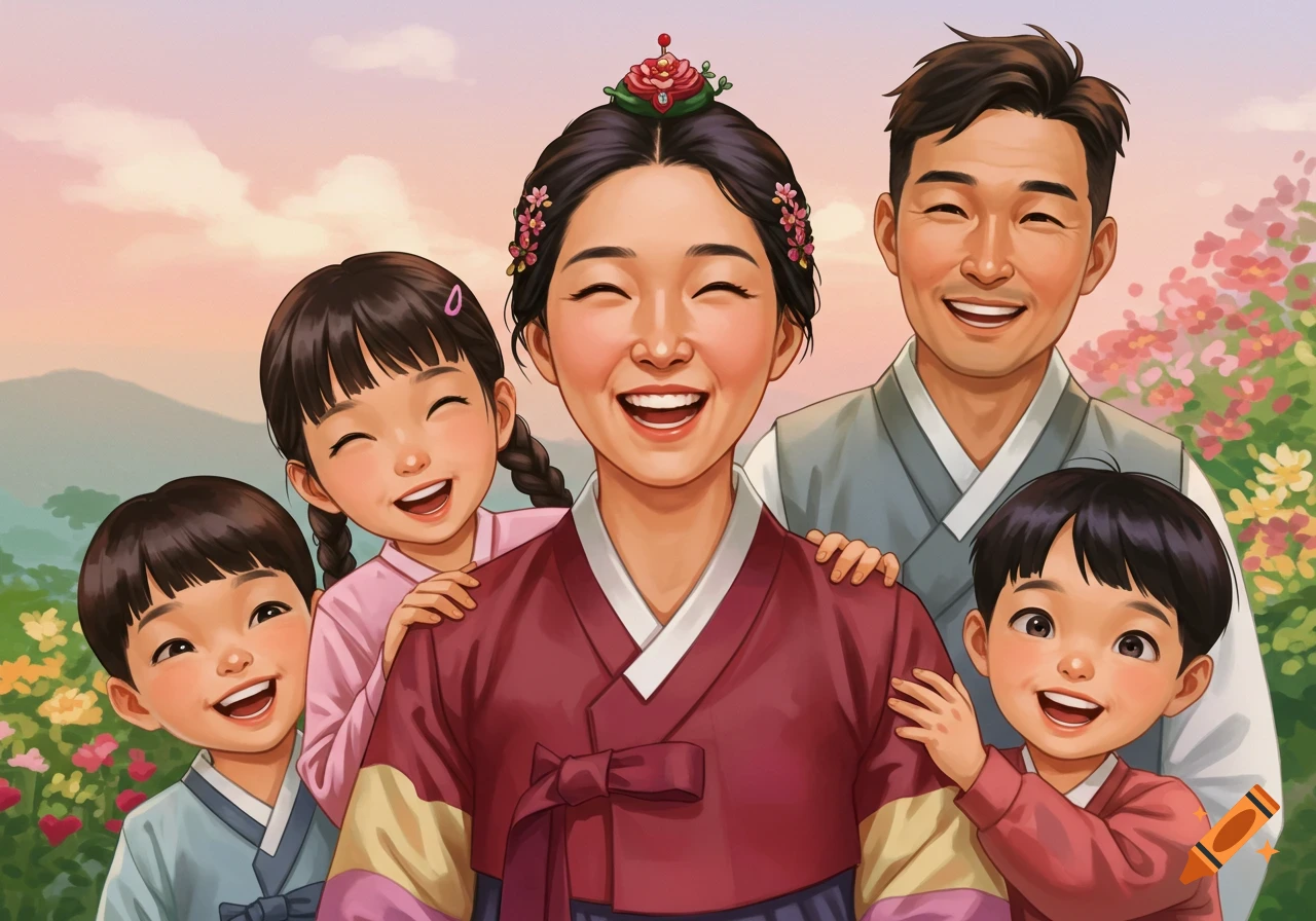 A happy Korean family, including parents and three children, smiling ...