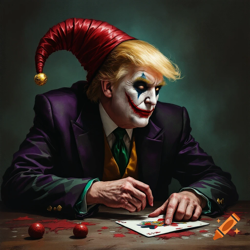 Donald Trump dressed as the Joker, wearing a jester hat and suit ...
