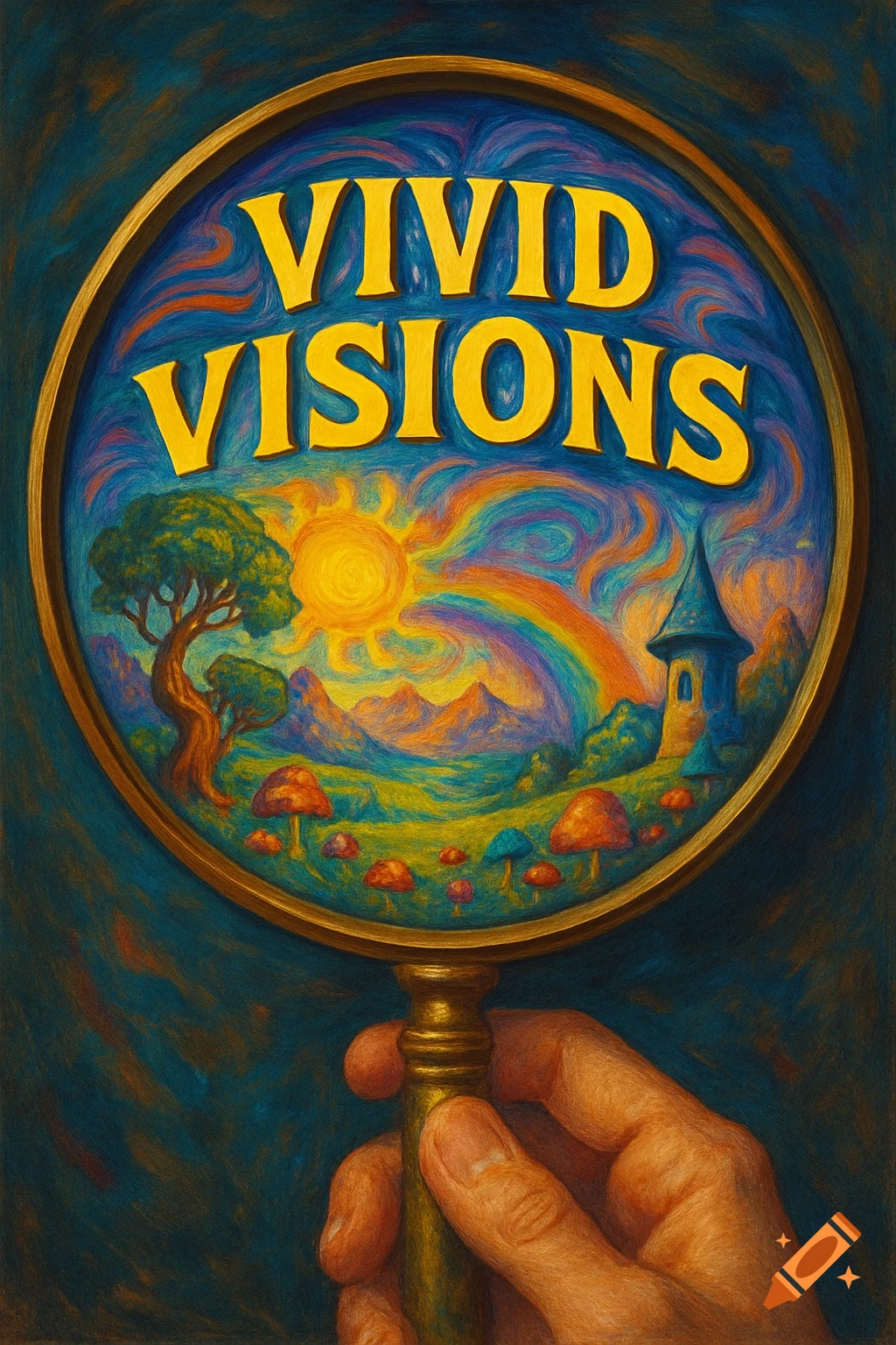 A hand holds a magnifying glass revealing a vibrant, dreamlike ...