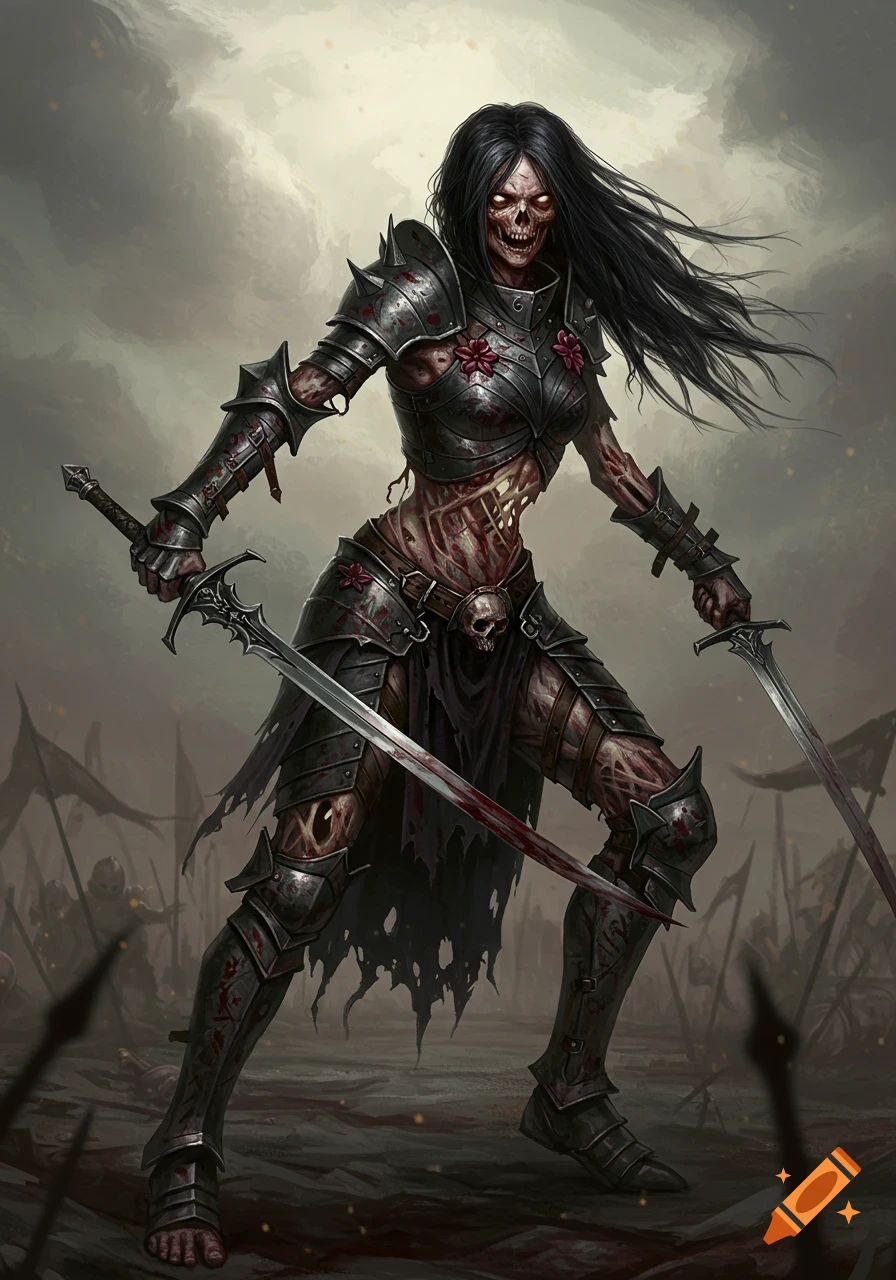 A female undead warrior with long black hair, glowing eyes, and ...