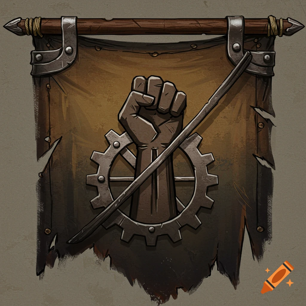 A stylized brown banner with a raised fist over a cog, crossed by a ...
