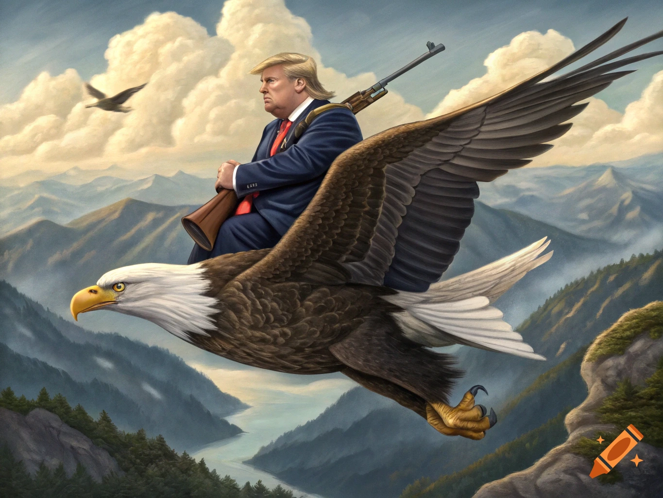 Donald Trump in a suit riding a large bald eagle over a mountainous ...