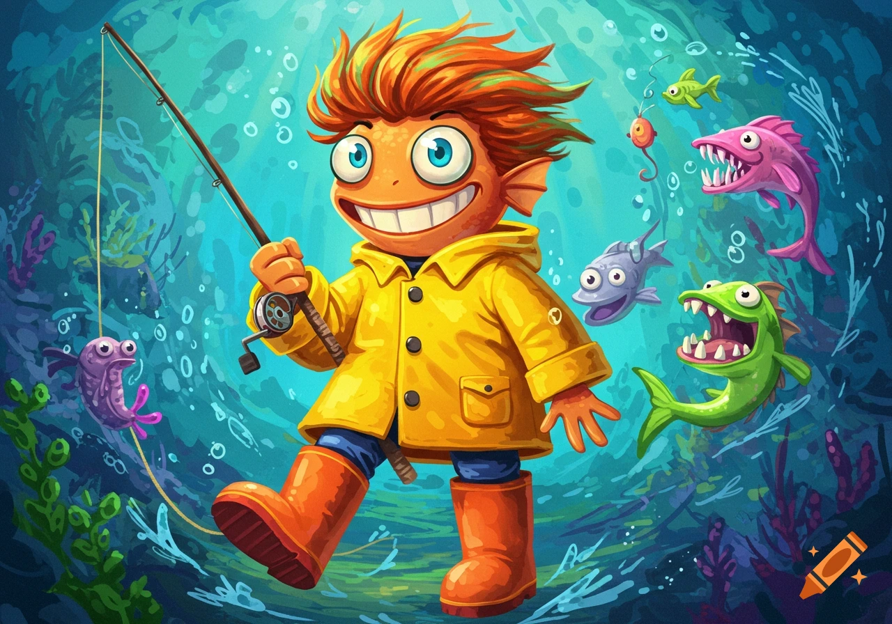A cheerful cartoon human-fish hybrid in a yellow raincoat fishes ...