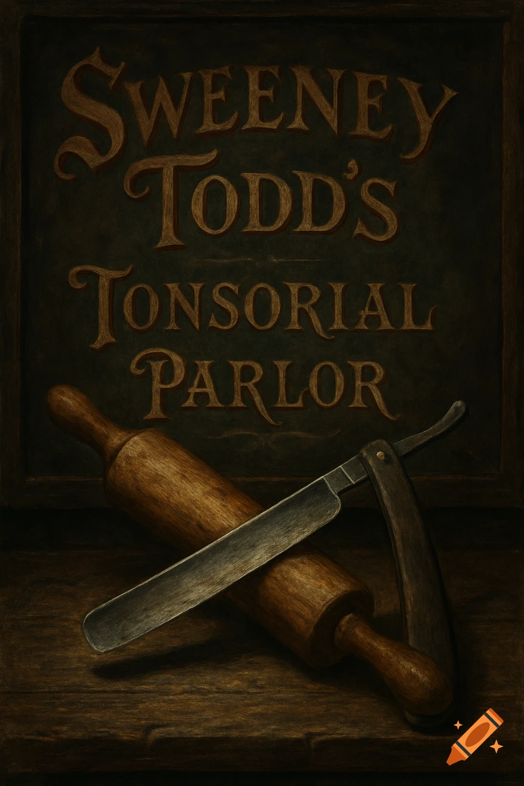 A vintage-style sign for "Sweeney Todd's Tonsorial Parlor" with a ...