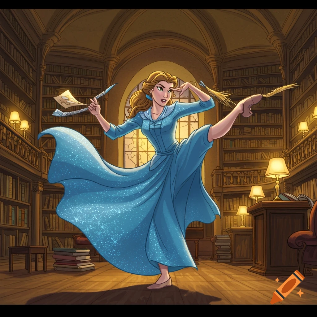 Cartoon illustration of Princess Belle dancing in a grand library ...