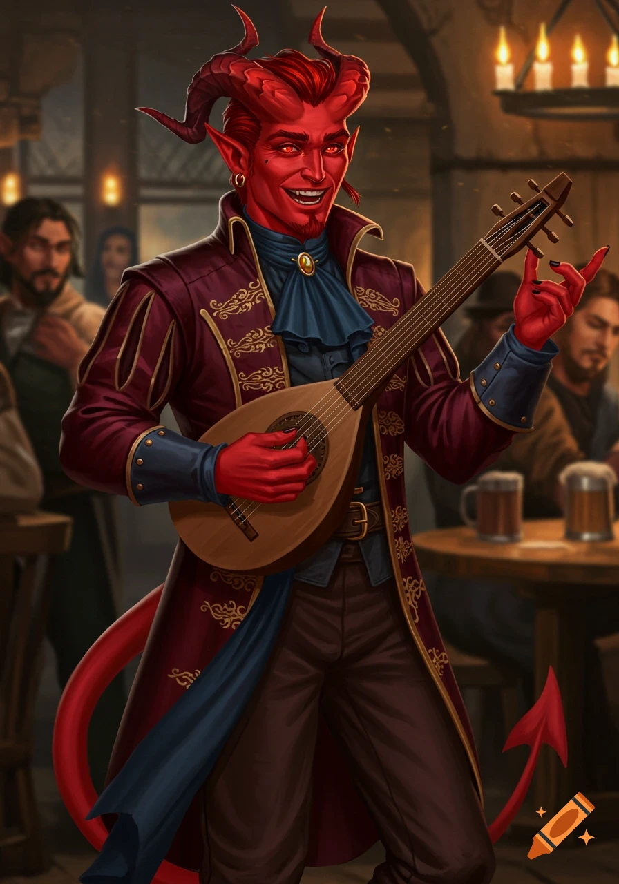 A red-skinned, horned tiefling bard with a lute-like instrument grins in a cozy tavern. on Craiyon