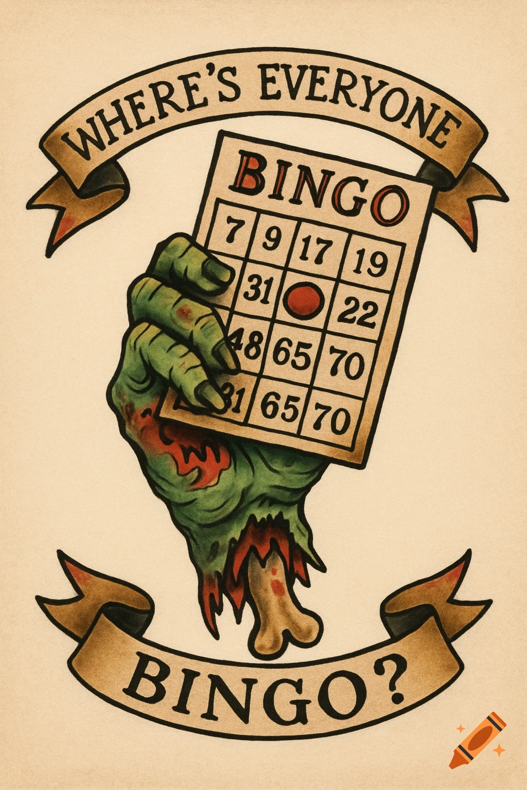 A traditional flash tattoo style illustration of a zombie hand holding ...