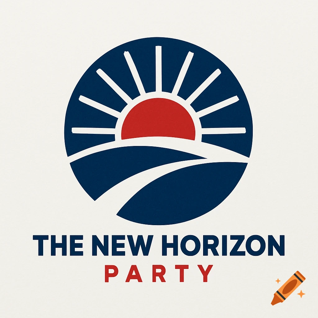A political party logo featuring a red sun rising over dark blue hills ...