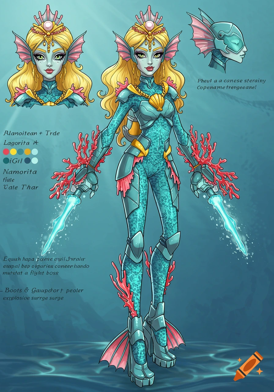 Illustration of a blonde mermaid superhero in teal armor with coral ...