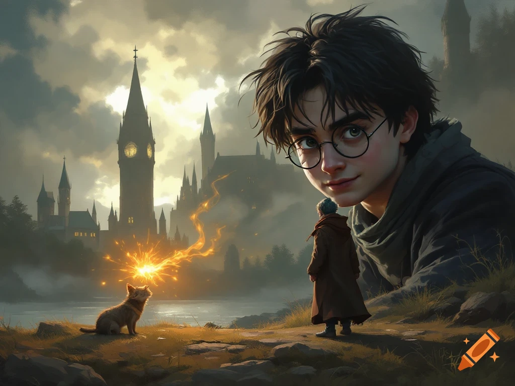 A giant Harry Potter-like character looks over a smaller figure and a ...