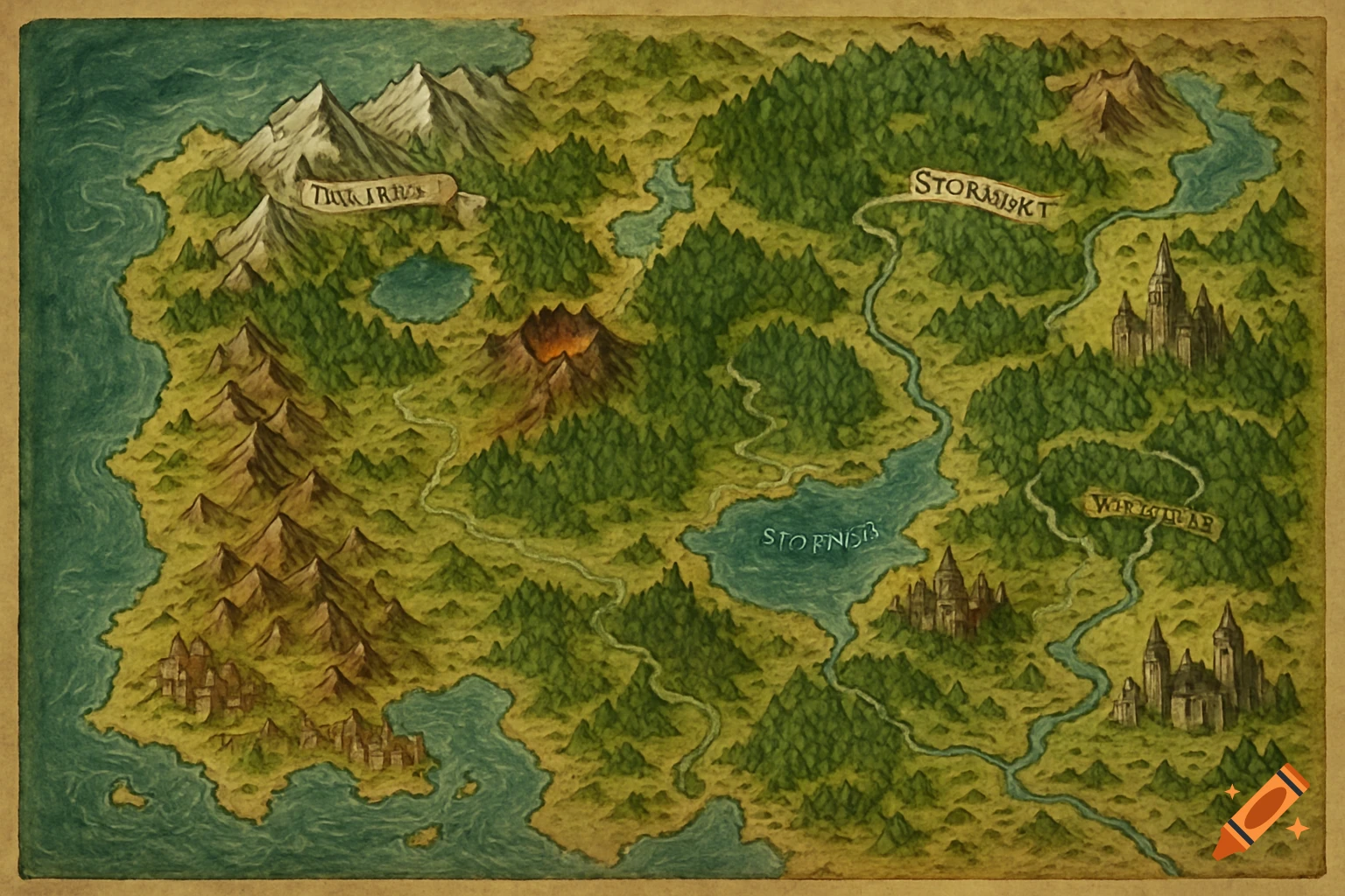 A colorful, hand-drawn fantasy world map with mountains, forests ...