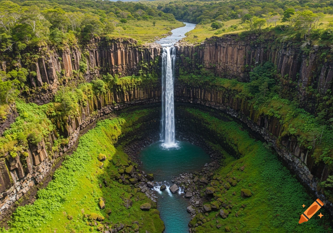 Aerial view of a tall waterfall plunging into a circular pool ...