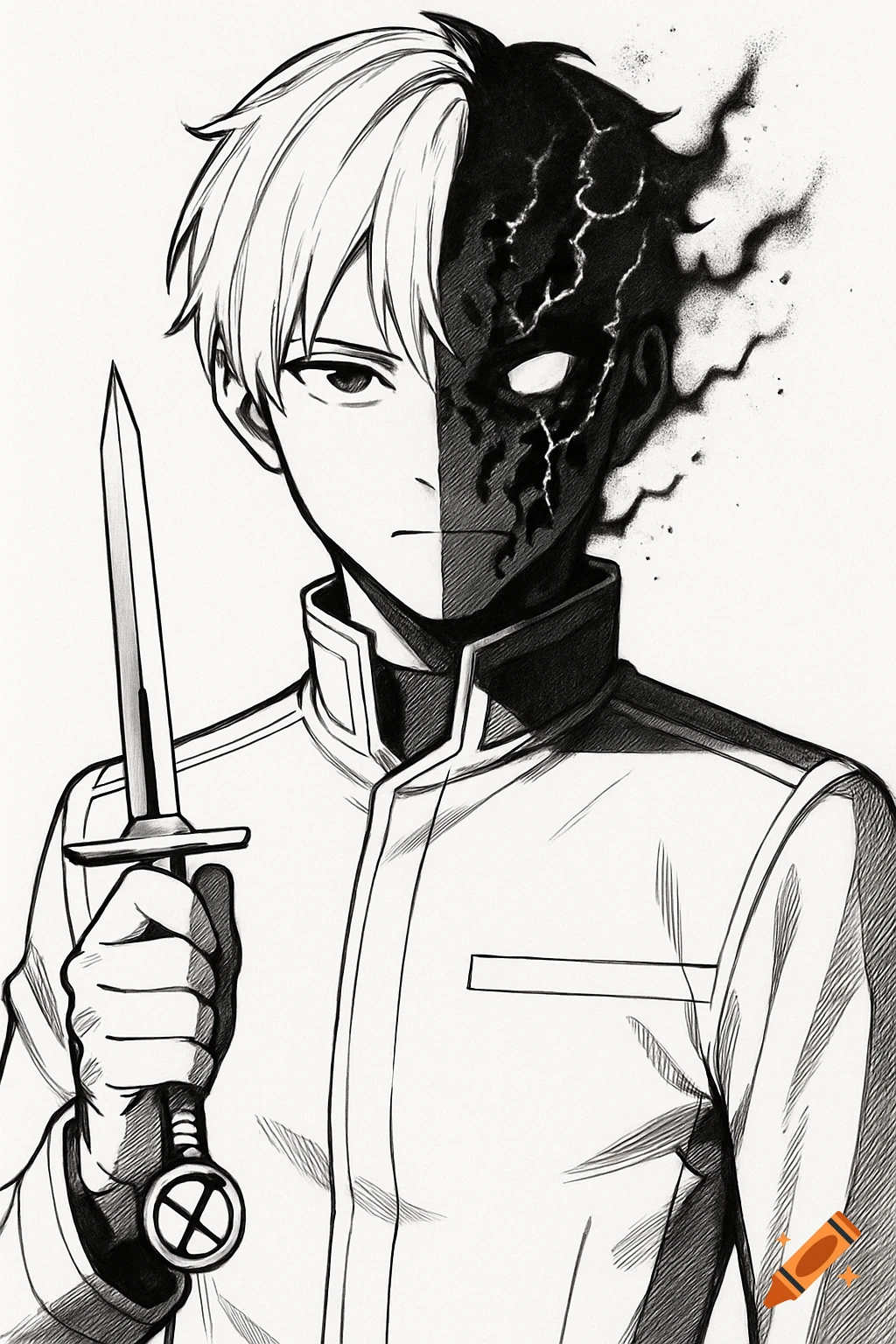 Black-and-white anime drawing of a young male character, half his face ...