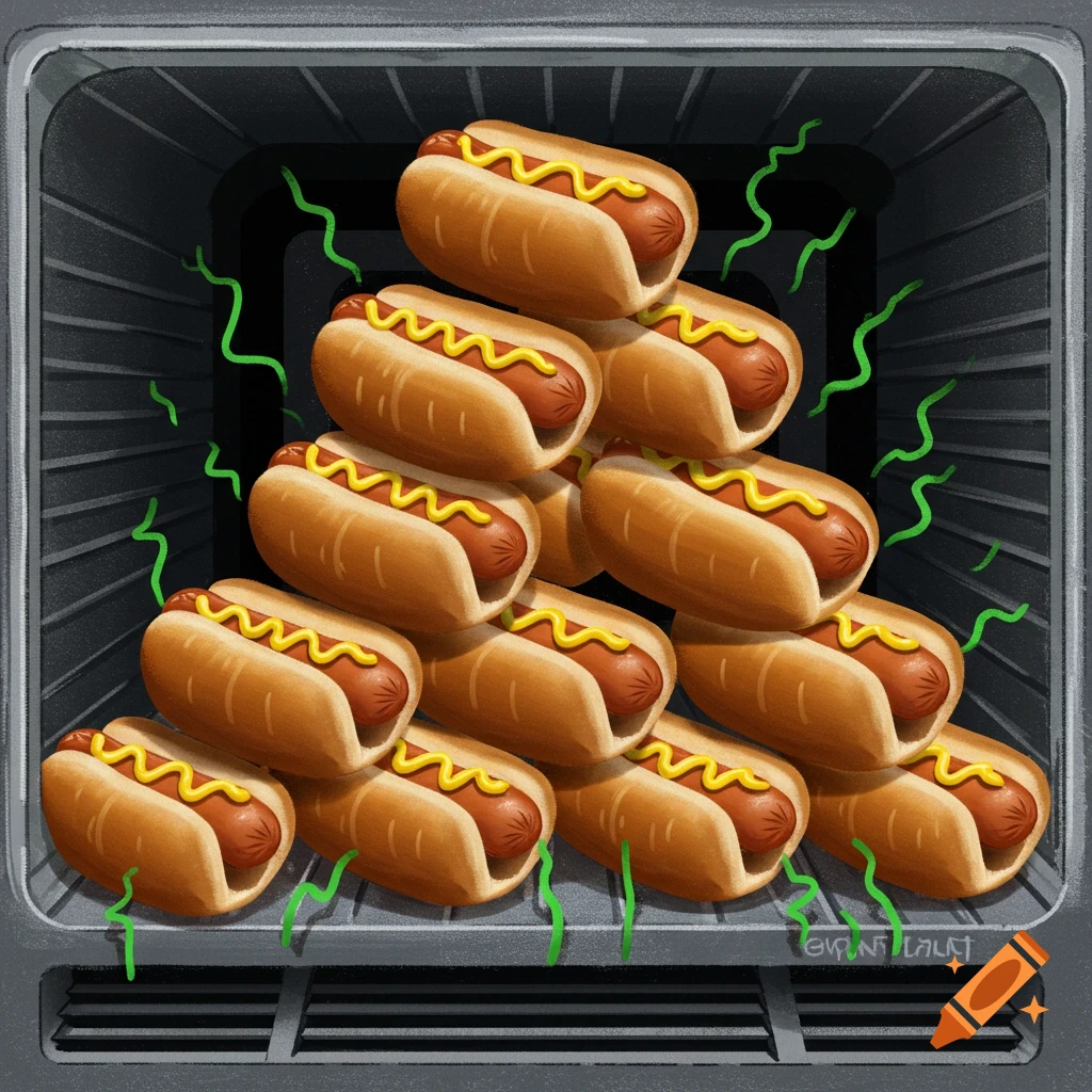 A pyramid stack of hot dogs with mustard and green stink lines, sitting ...