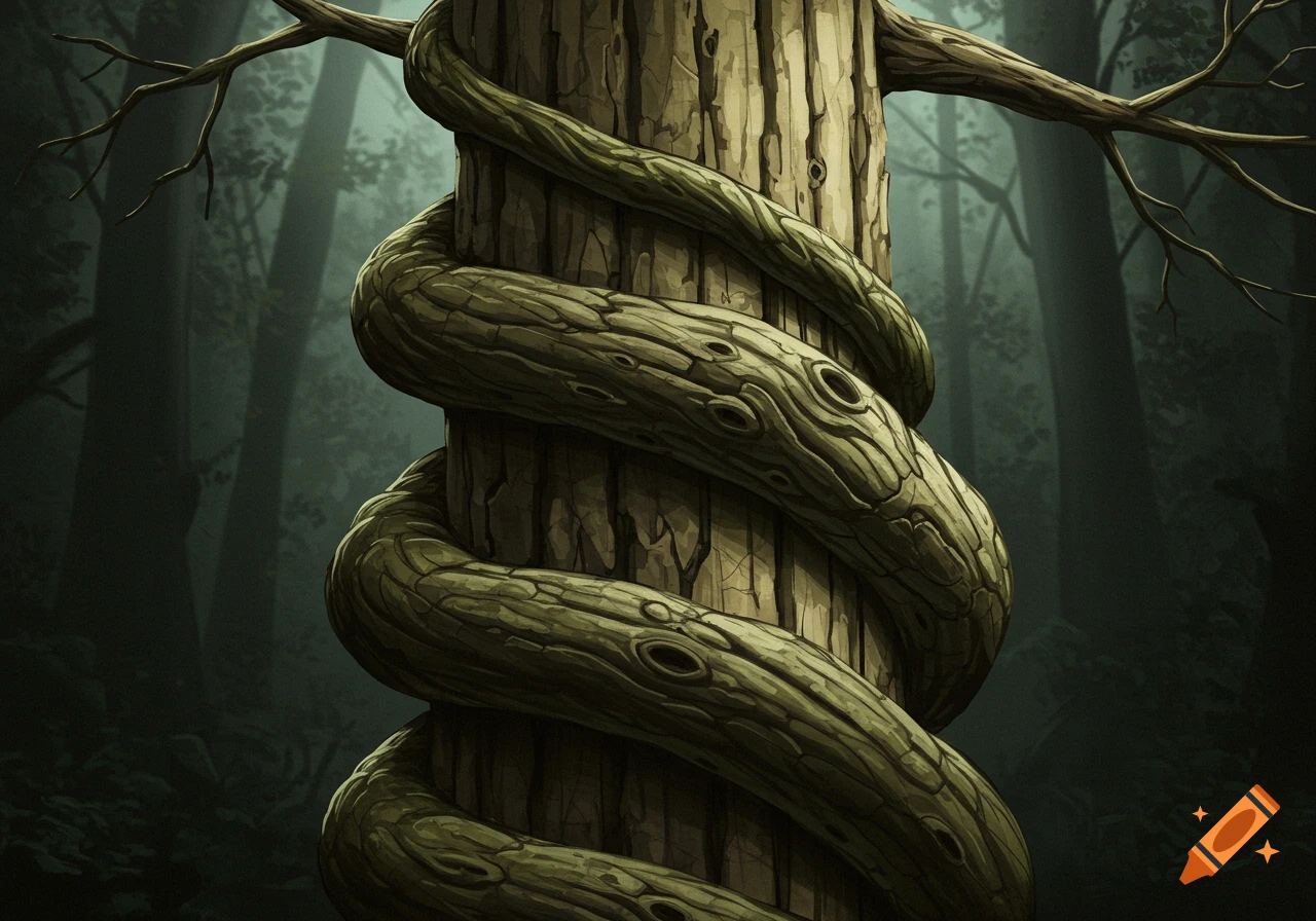 A thick, gnarled vine tightly wraps around a tree trunk in a dark ...