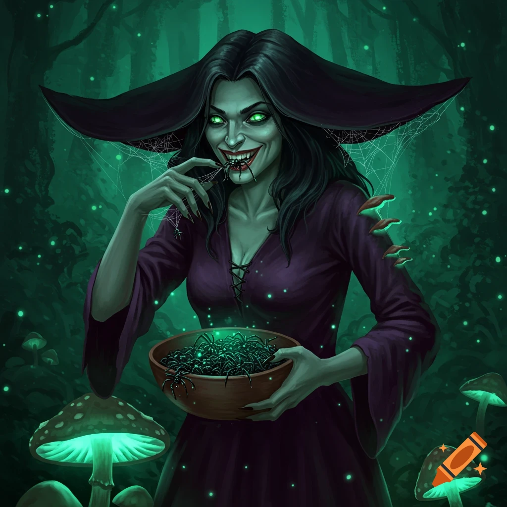 A stylized dark fantasy illustration of a witch with glowing green eyes ...