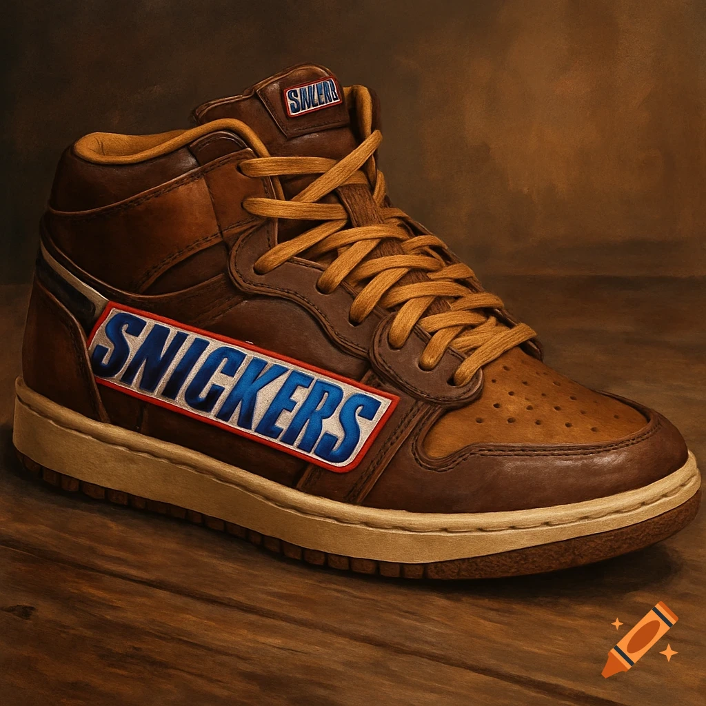 A brown and tan high-top sneaker designed like a Snickers candy bar ...