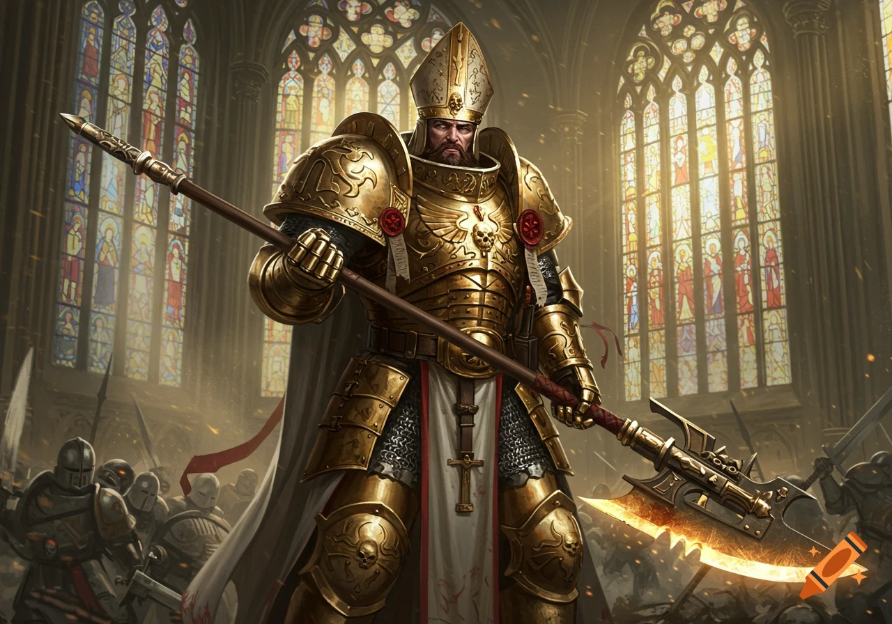 A heavily armored, bishop-like warrior with a gold helmet and armor ...