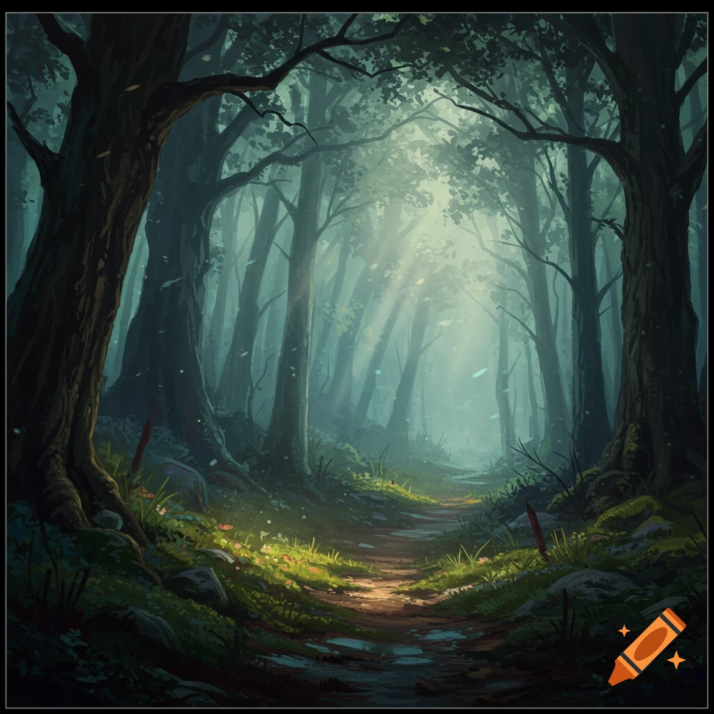 A stylized painting of a misty, sunlit forest path with tall trees and ...