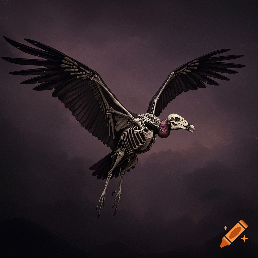 A skeletal condor with black feathers and a red head flying against a ...