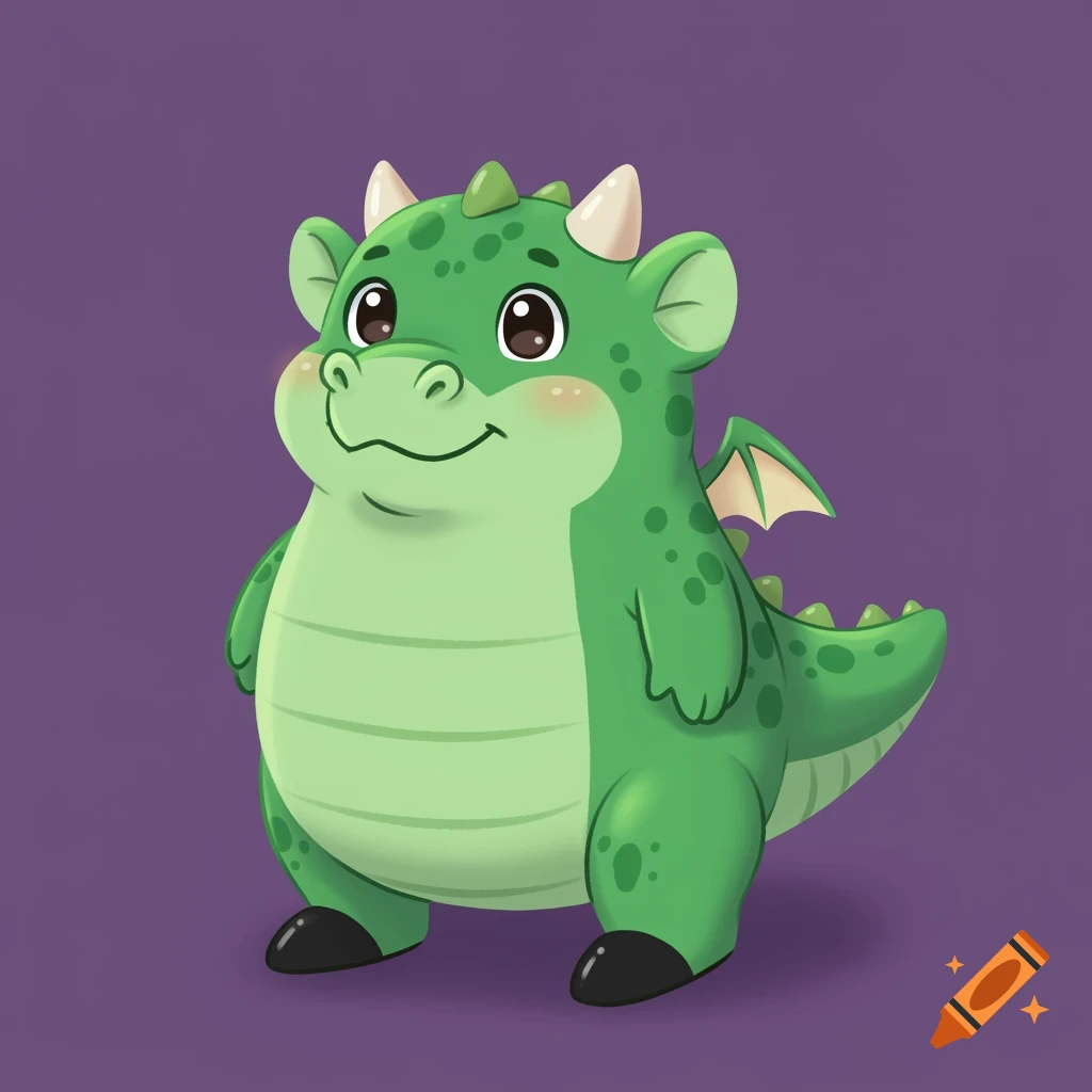 A cute, chubby, green cartoon dragon with a small smile and wings ...