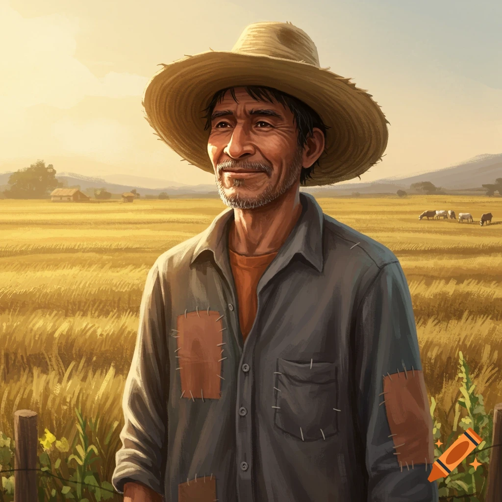 Illustration of a smiling humble man in a straw hat and patched shirt ...