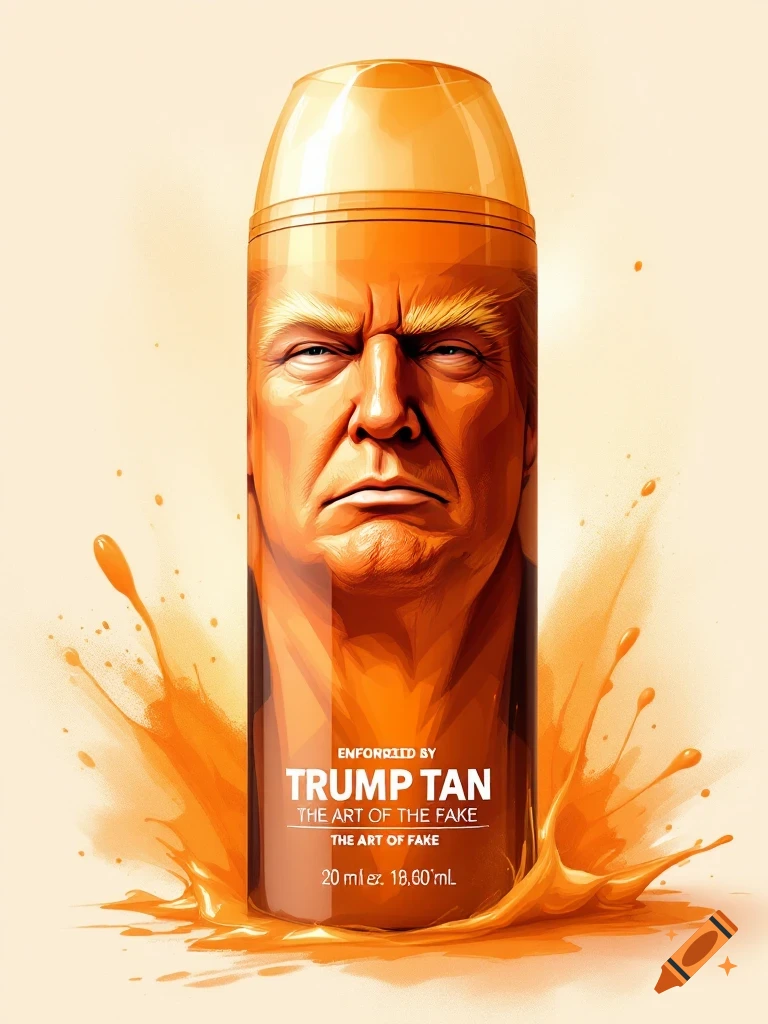 An orange tanning lotion bottle featuring Donald Trump's face, with a ...