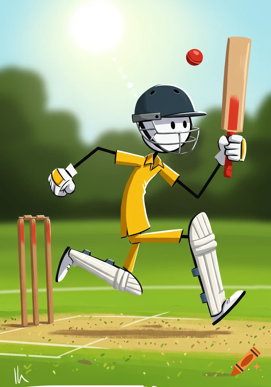 A cartoon stickman cricket player in yellow uniform, helmet, and pads ...