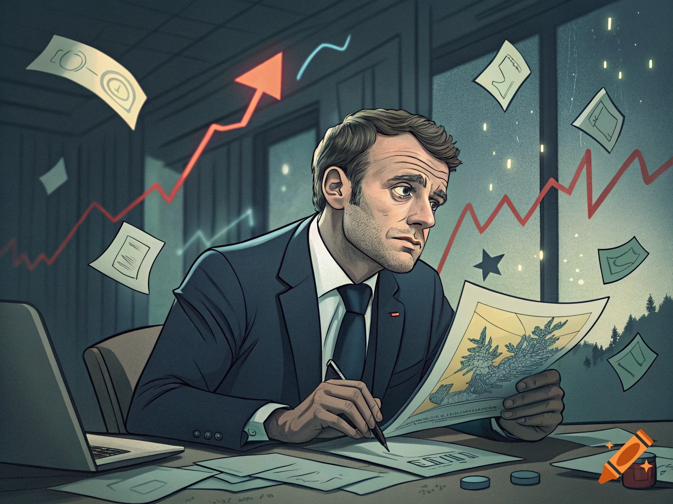 Cartoon illustration of Emmanuel Macron looking stressed, sitting at a ...