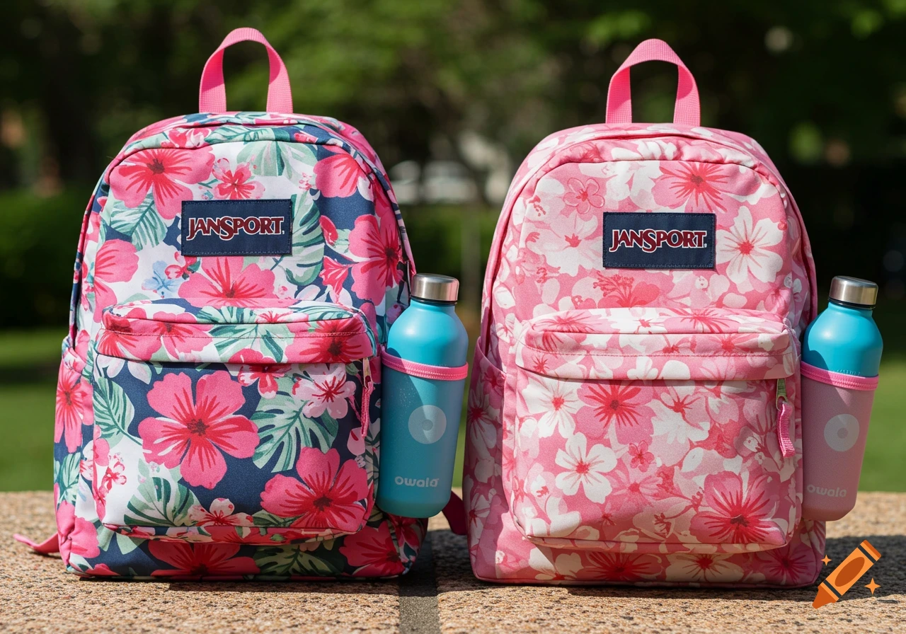 Two floral Jansport backpacks, one with dark blue and pink flowers, the ...
