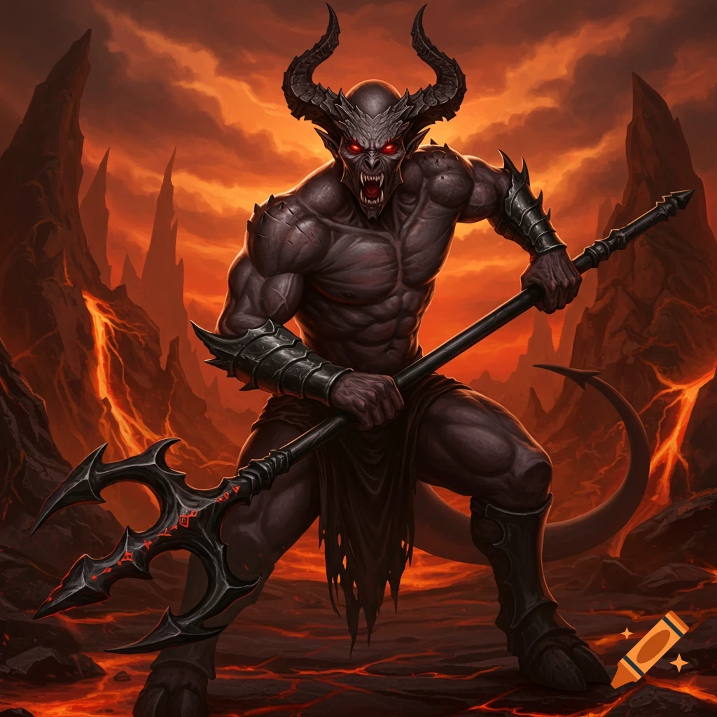 A powerful, horned demon with glowing red eyes crouches, holding a ...