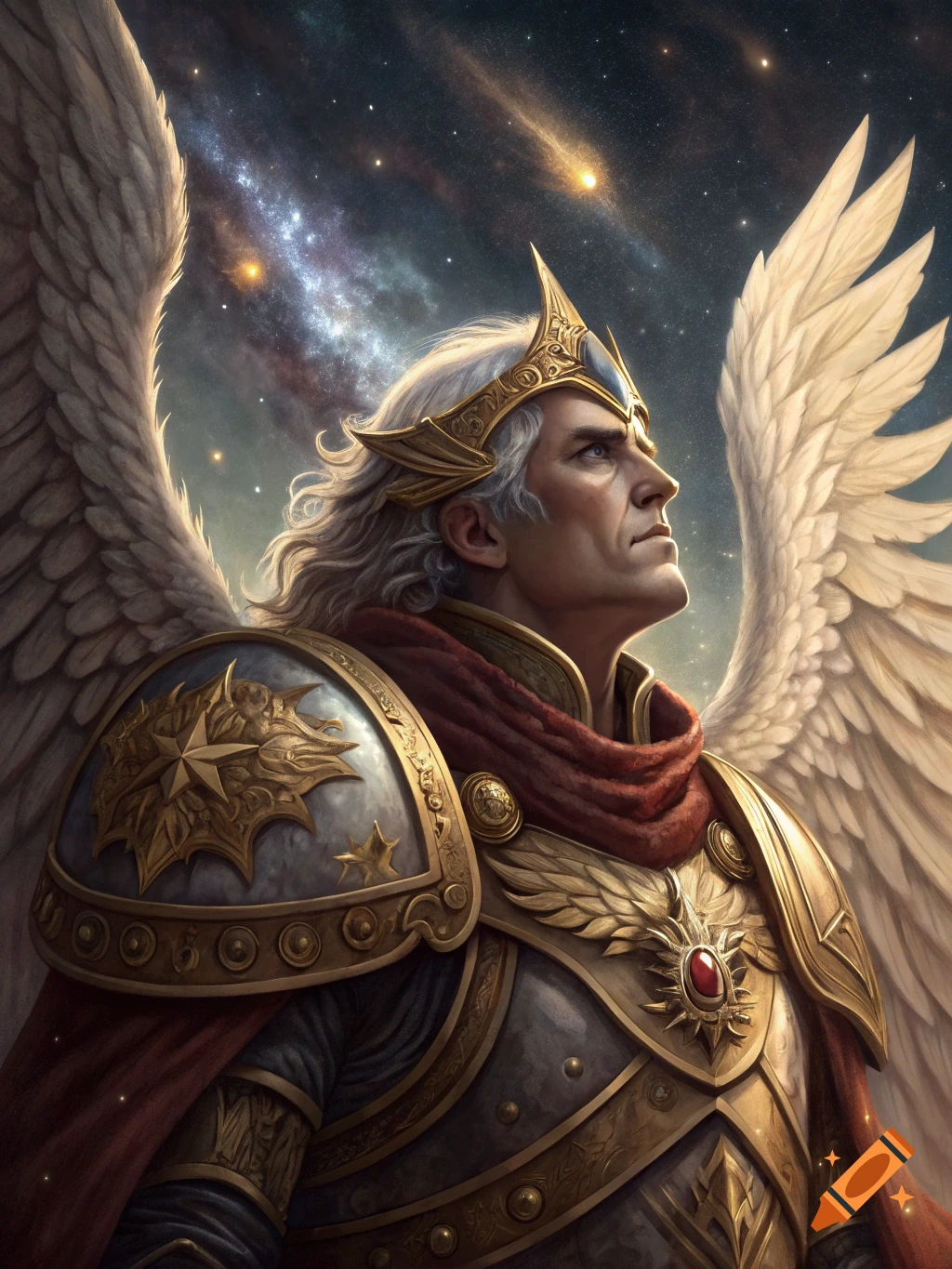 A Powerful Angelic Male Warrior In Golden Armor And A Crown Looking Up