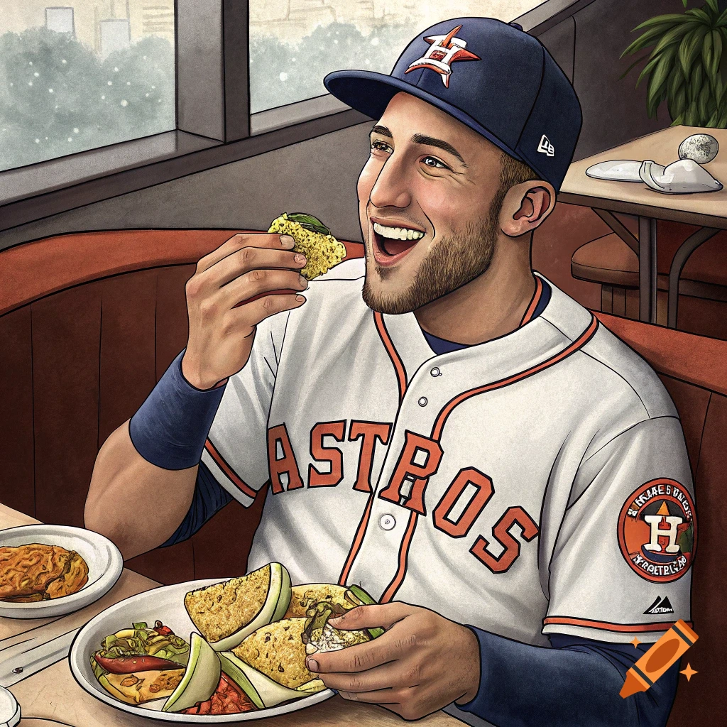 A smiling baseball player in an Astros uniform and cap eats tacos at a ...