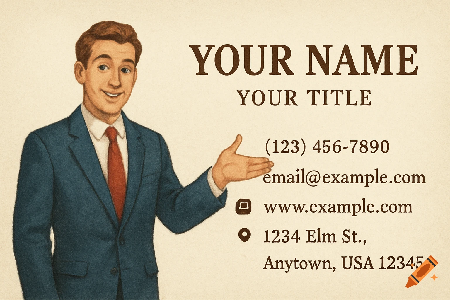 A retro illustration of a man in a blue suit pointing to a business ...
