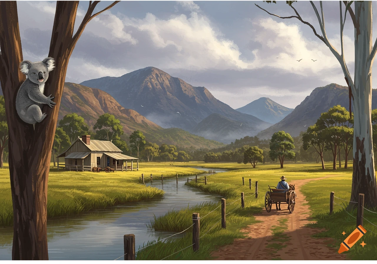 An illustrated Australian landscape with a koala in a tree, a rustic ...