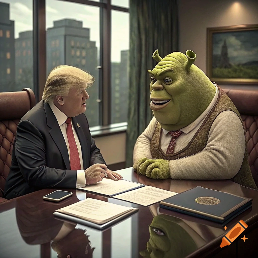 Photorealistic image of Donald Trump and Shrek having a meeting at a ...