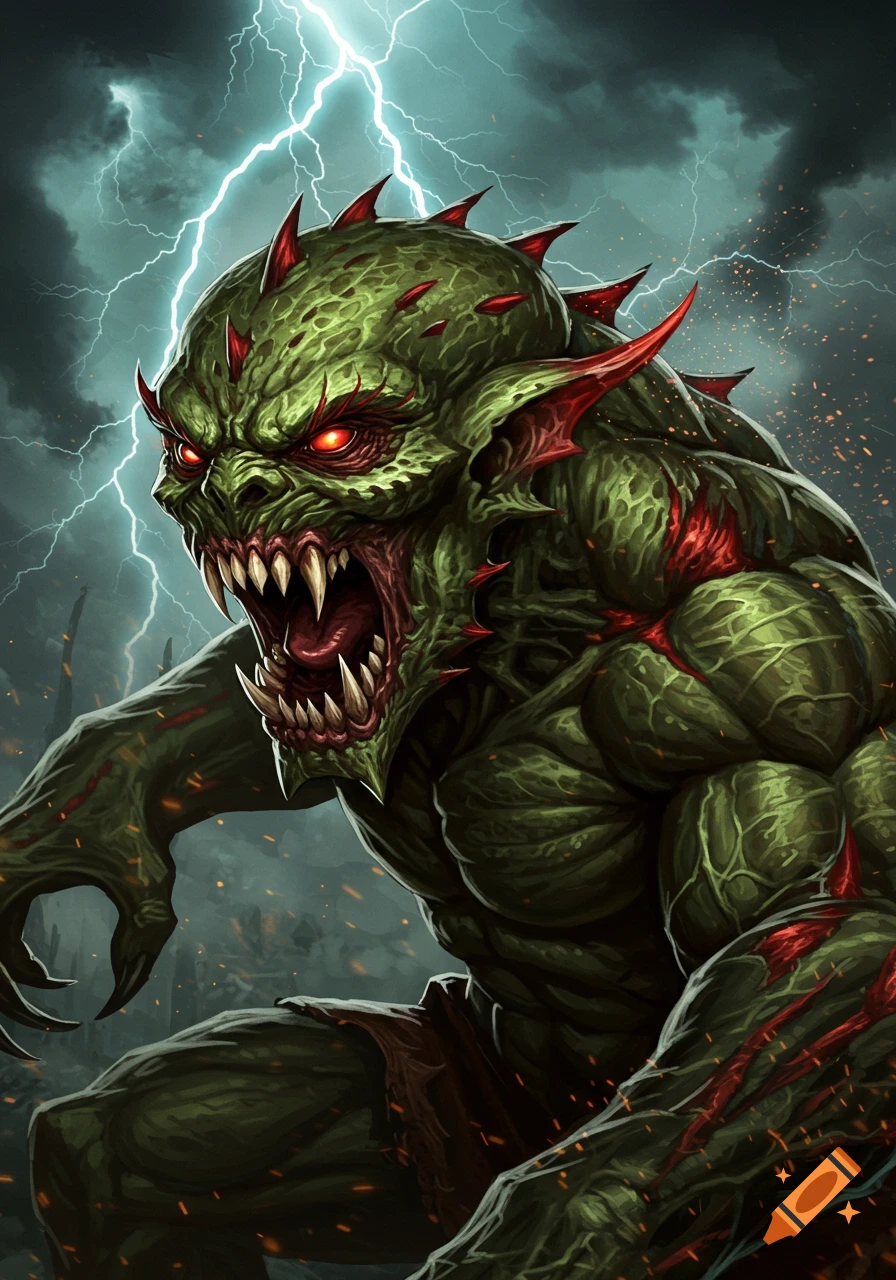 A terrifying green monster with glowing red eyes, sharp teeth, and red spikes, set against a ...