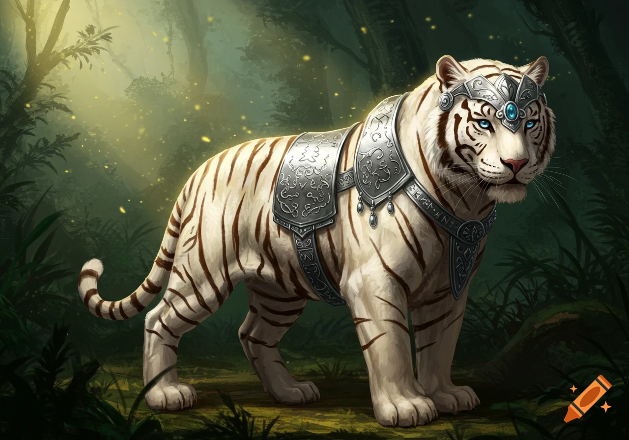 A majestic white tiger in elaborate silver fantasy barding stands in a ...