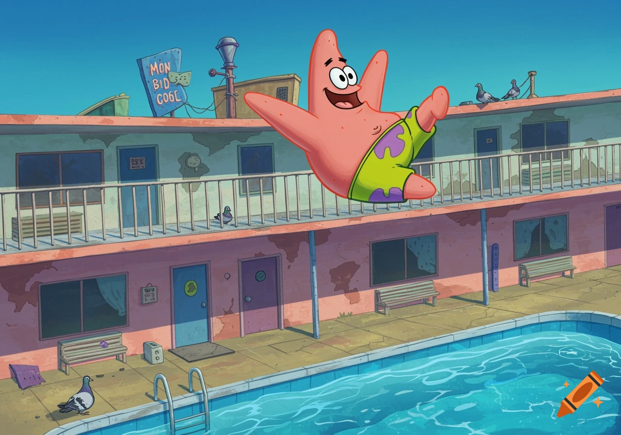 Patrick Star in green swim trunks jumps off a motel roof to cannonball ...
