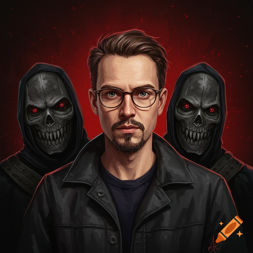 A man with glasses and a goatee stands in a black jacket, flanked by ...