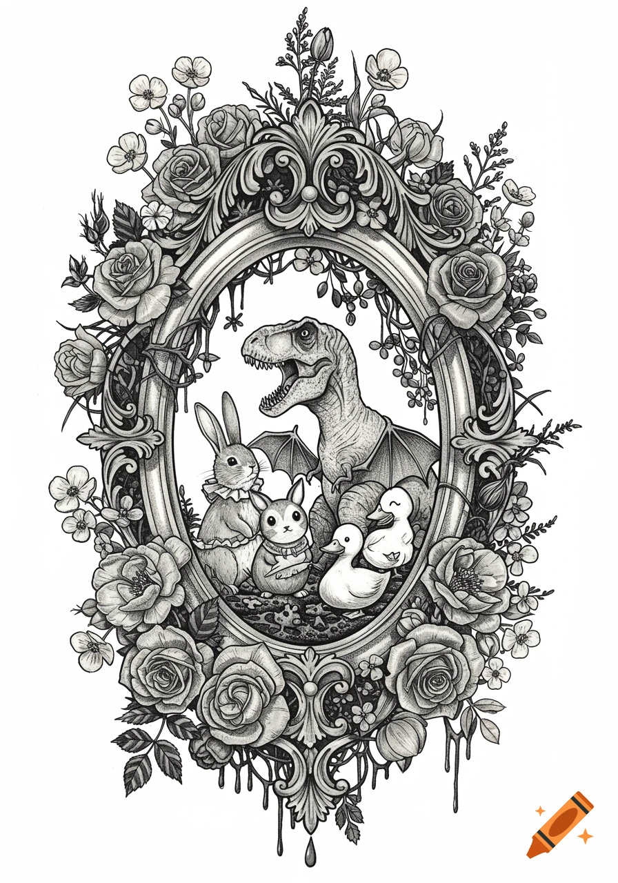 Black and white gothic illustration of a T-Rex, two bunnies, and two ...