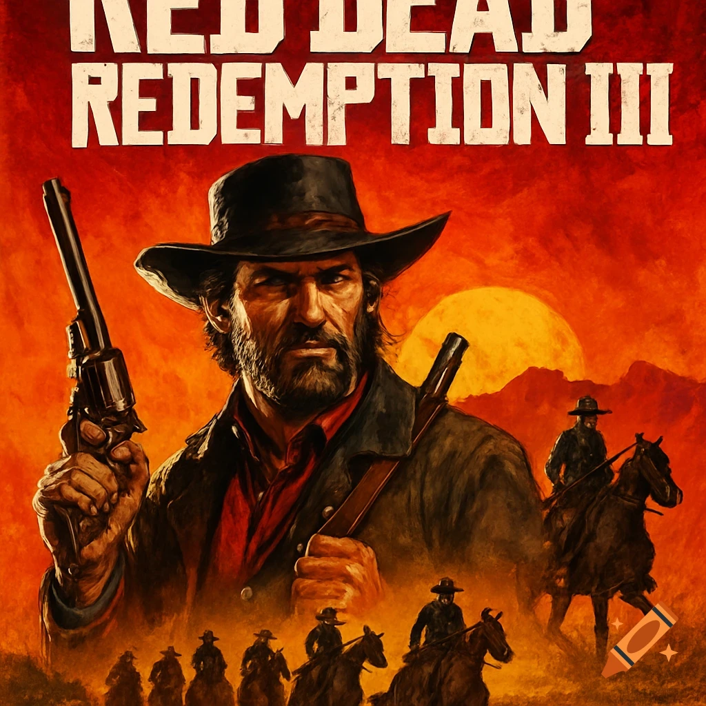 A Western-themed poster with a rugged cowboy holding a revolver and a ...