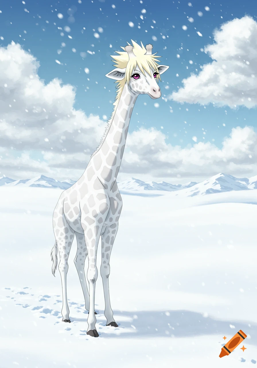 Anime white giraffe with blonde hair and pink eyes standing in a snowy ...