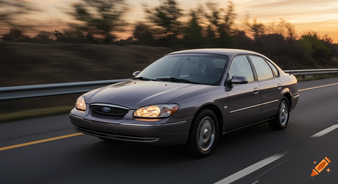 Photorealistic image of a metallic silver Ford Taurus SE driving on a ...