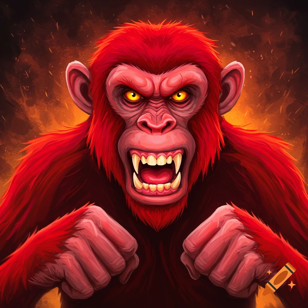 A red monkey with bared teeth and yellow eyes, looking angry with ...